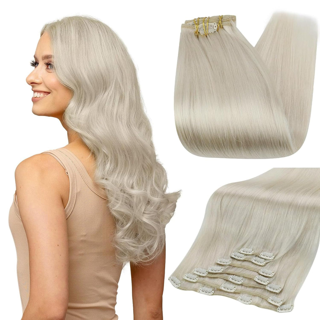 Clip in Extensions 100% Remy Human Hair 7 Pieces White Blonde (#1000 ...