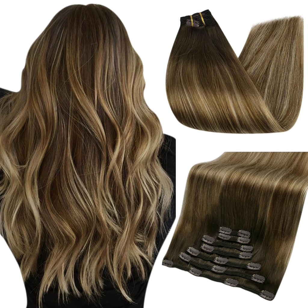 Full Shine 7 Pcs Brown Balayage Good Quality Hair Clip in Extensions