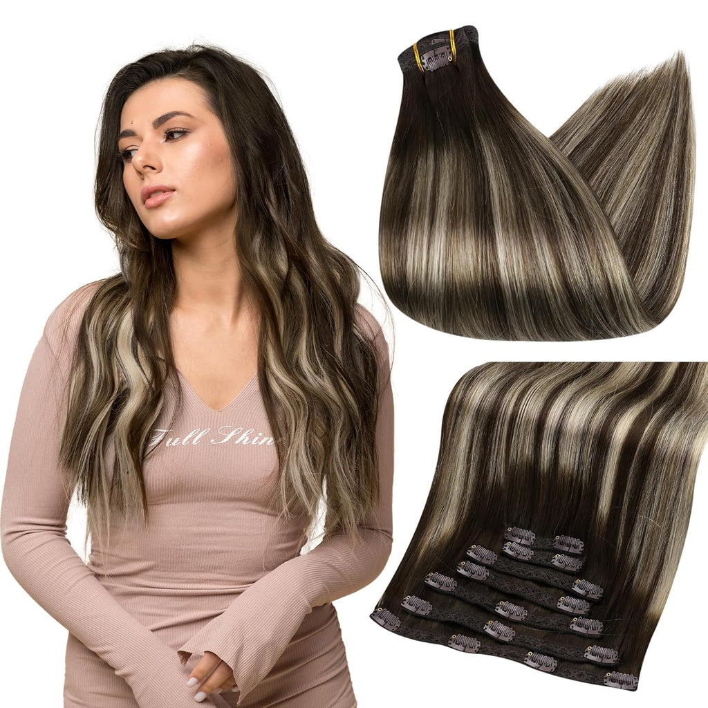 Full Shine 7 Pcs Brown Balayage Good Quality Hair Clip in Extensions