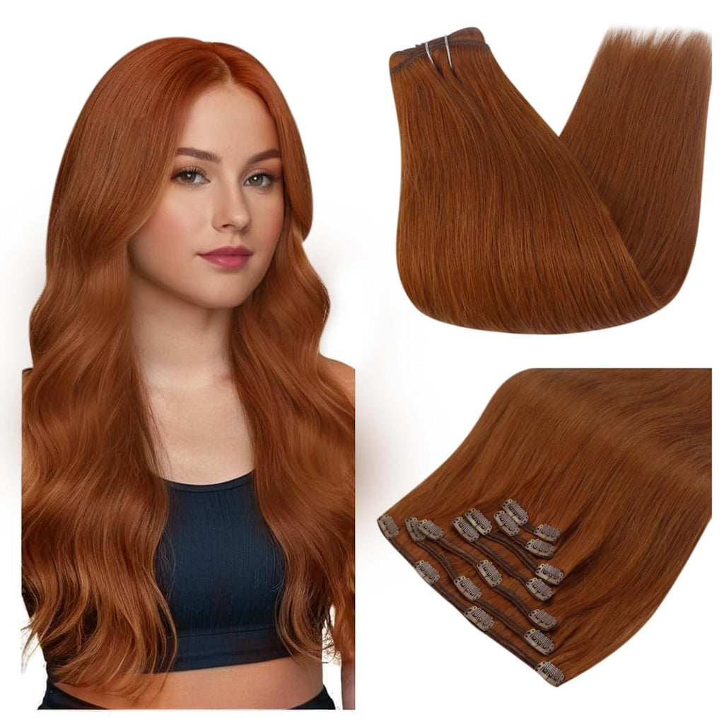 Clip in Extensions 100% Remy Human Hair 7 Pieces Auburn Red (#550 ...