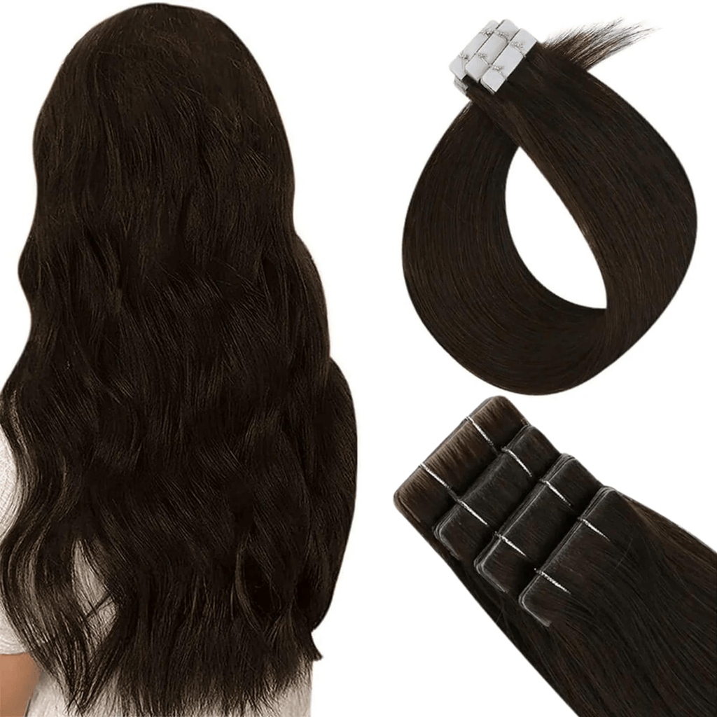 Premium Human Hair Tape in Extensions Seamless Invisible Tape in Dark ...